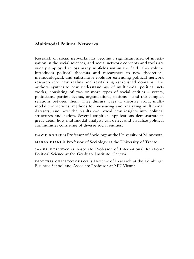 Multimodal Political Networks: David Knoke Mario Diani James Hollway | PDF
