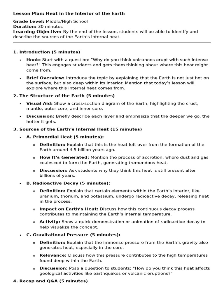 Lesson Plan - Heat in the Interior of the Earth | PDF