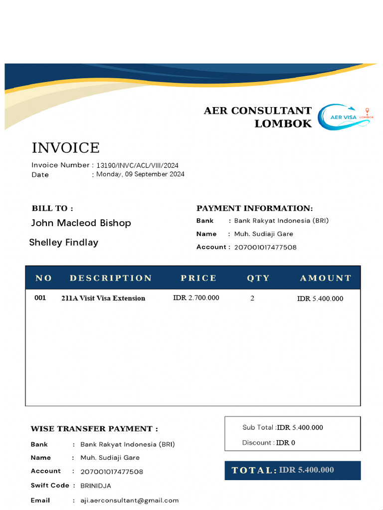 INVOICE 211a Visit Visa extension 2 P John and shelley | PDF
