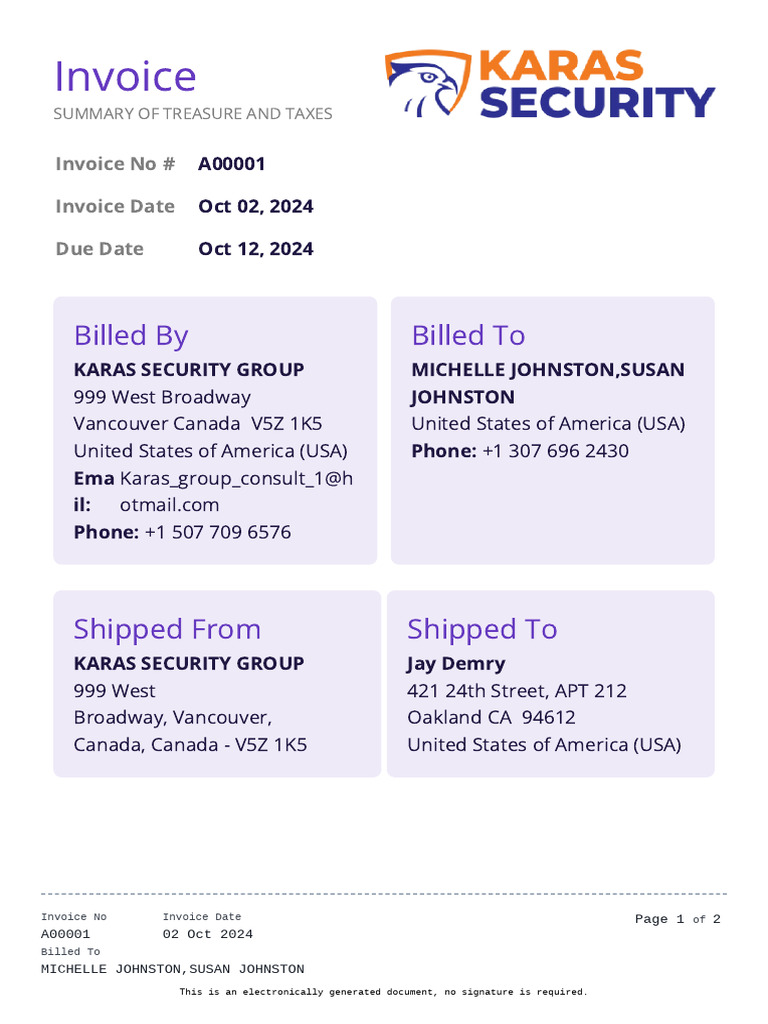 Invoice A00001 Karas Security Group Michelle Johnstonsusan Johnston | PDF