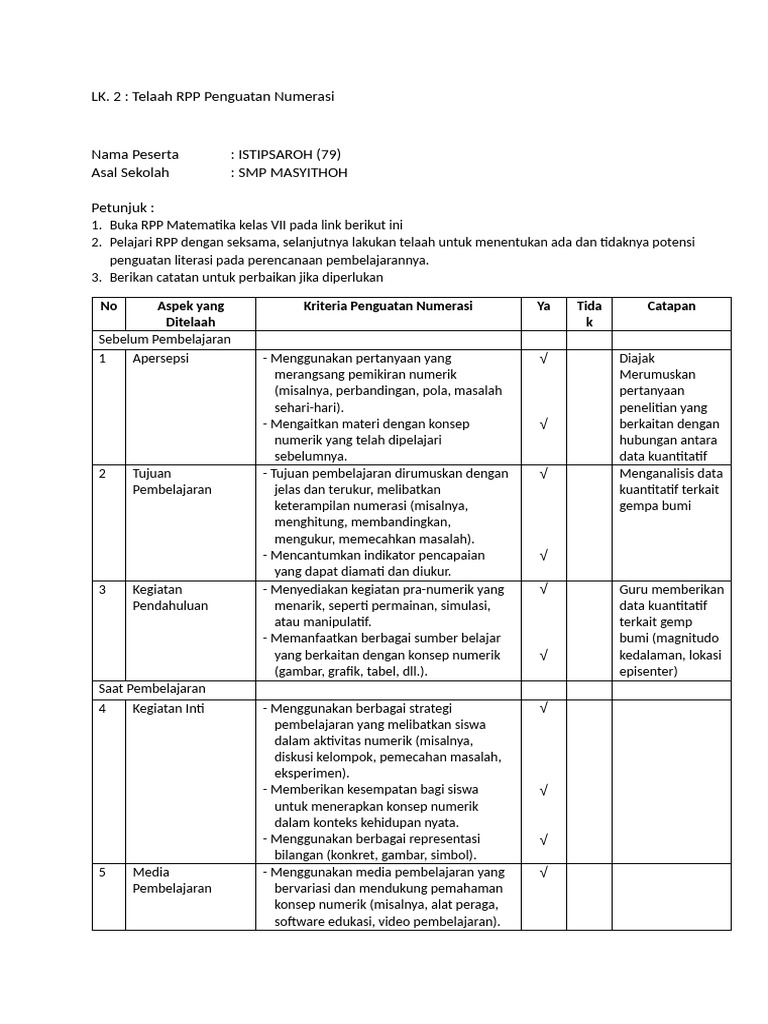 LK.2 Insrumen Telaah RPP Penguatan Numerasi | PDF