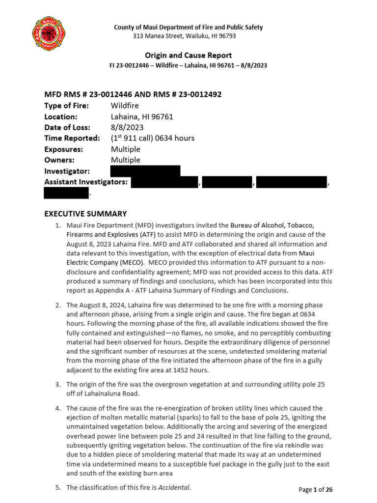 Lahaina Origin and Cause Report | PDF