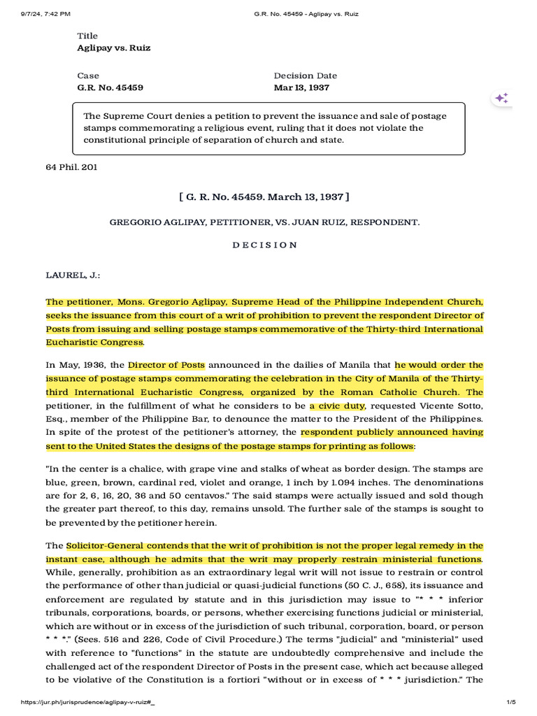G.R. No. 45459 - Aglipay vs. Ruiz | PDF