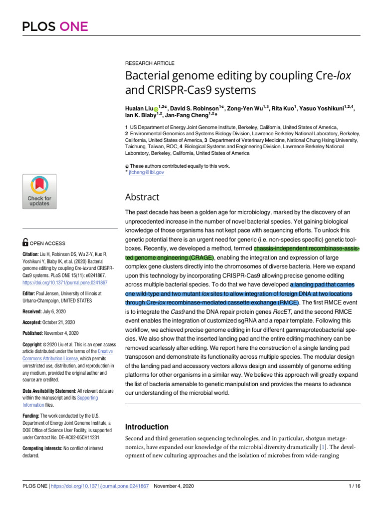 Bacterial genome editing by coupling Cre-lox and CRISPR-Cas9 systems | PDF