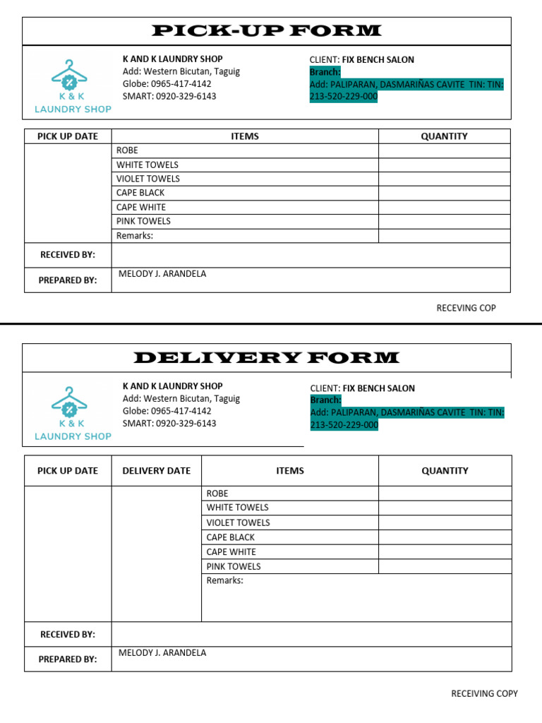 Pick-Up Forms_FIX BENCH SALON_40 PCS_ | PDF