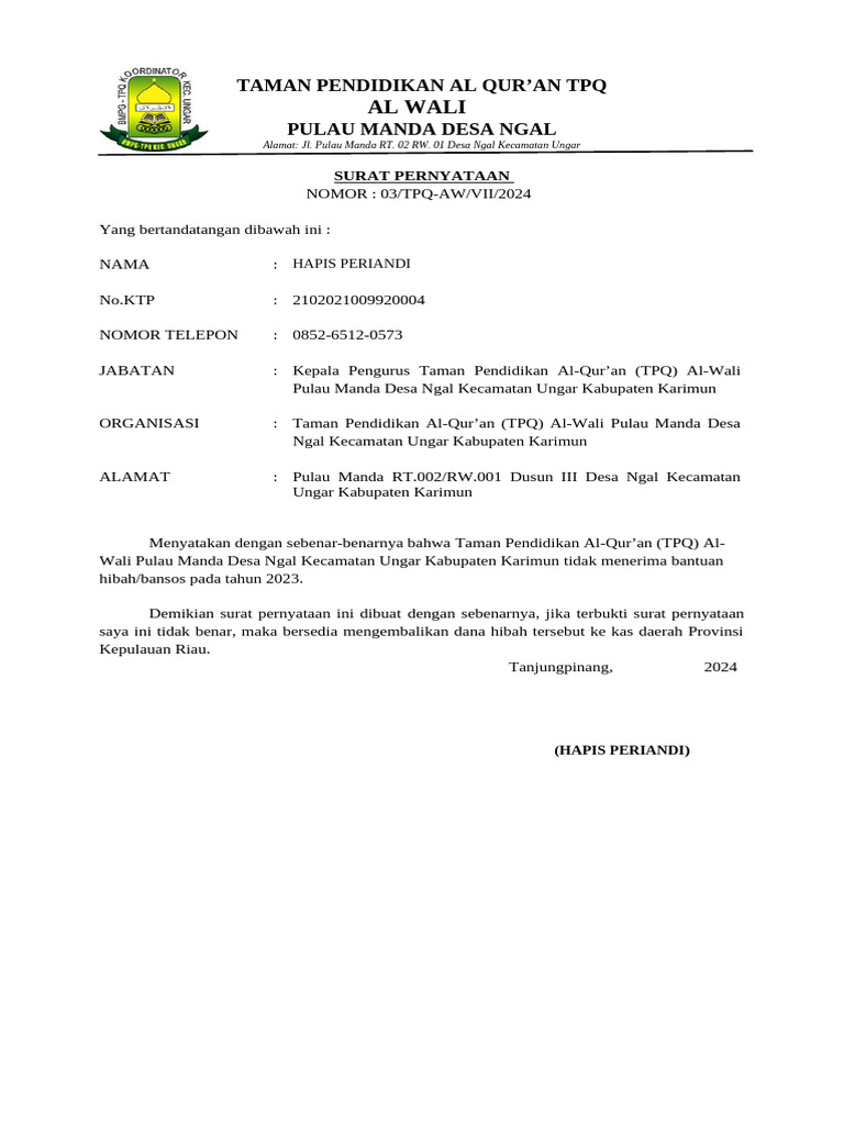 Surat Pernyataan TPQ Al Wali | PDF