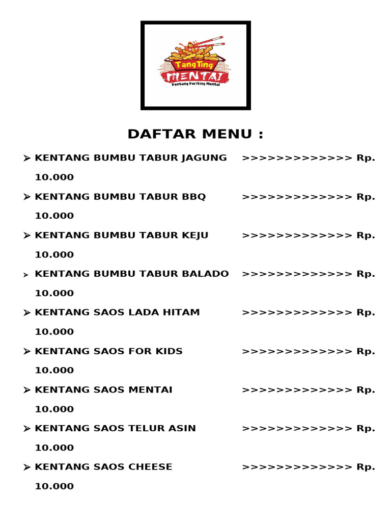 Daftar Menu Mentai | PDF
