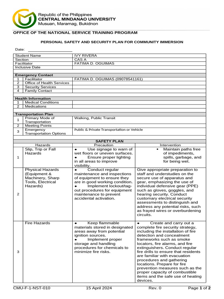 Ivy Personal Safety Plan | PDF