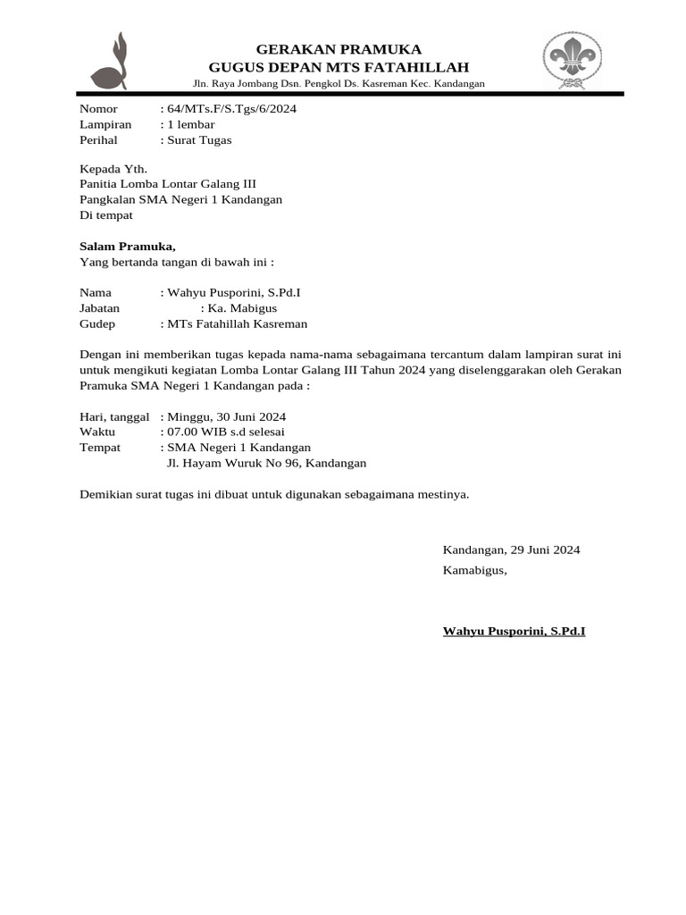 Contoh Surat Tugas KMD Pramuka | PDF