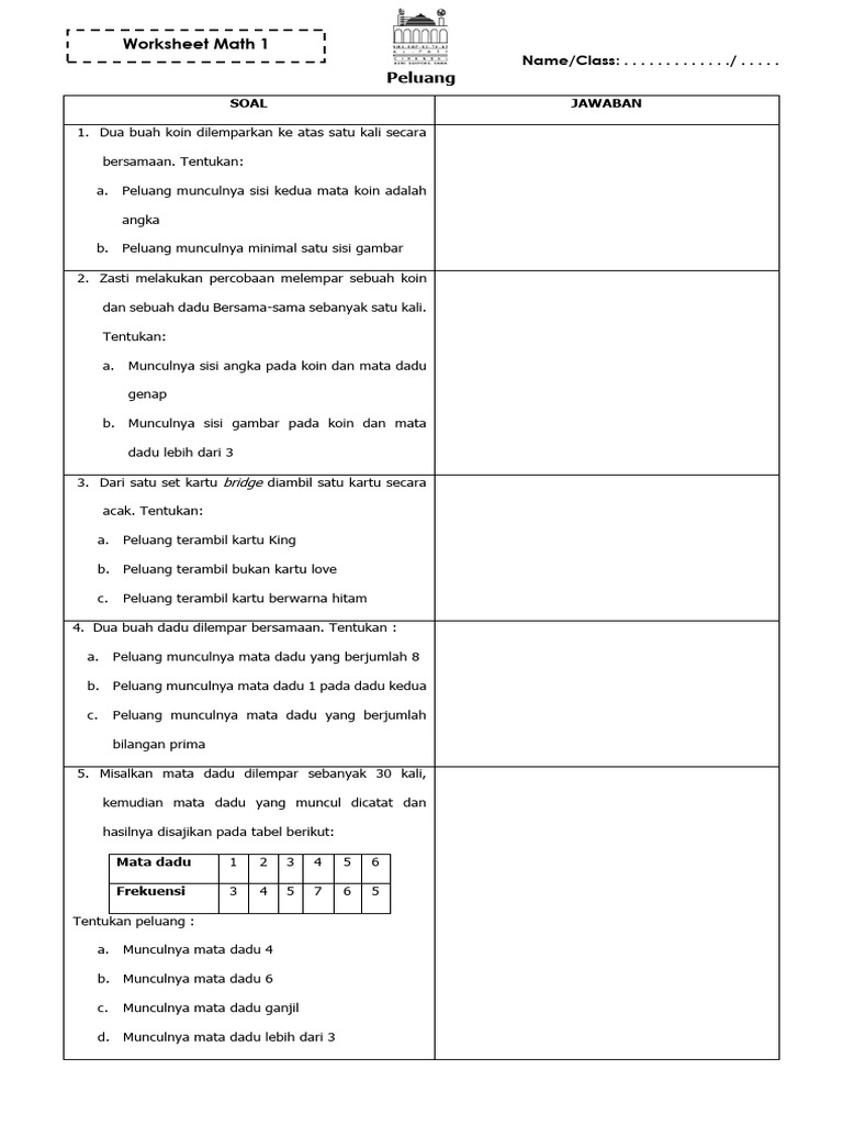 WorkSheet 1 Peluang G9 | PDF