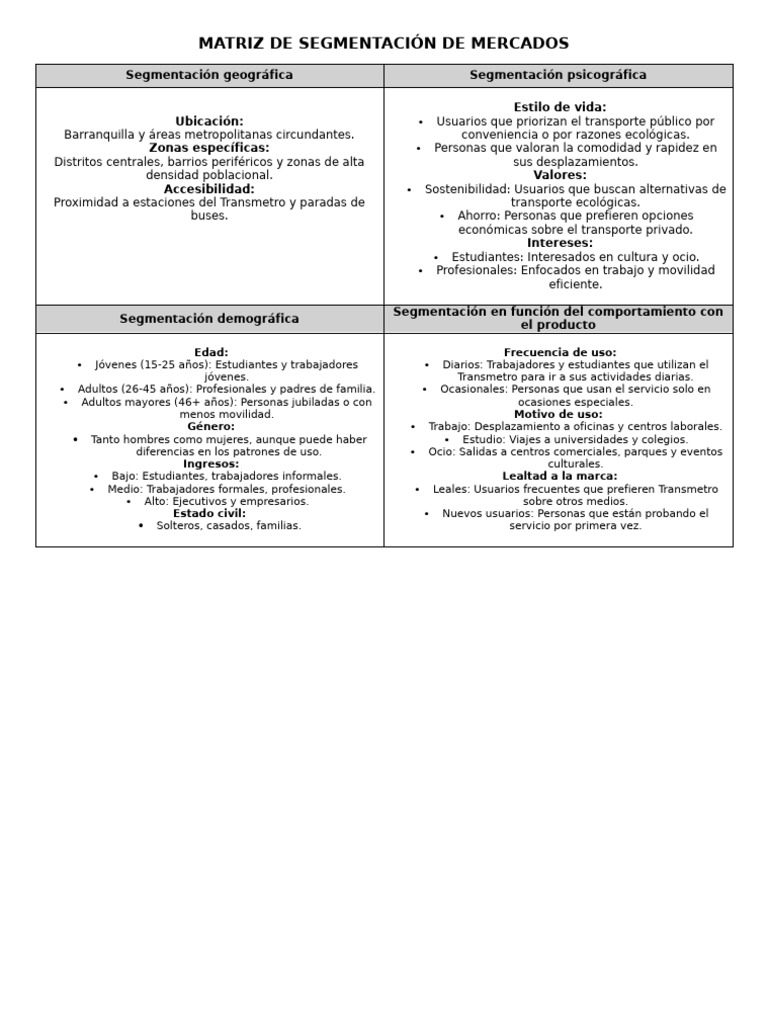 Matriz de Segmentación de Mercados | PDF