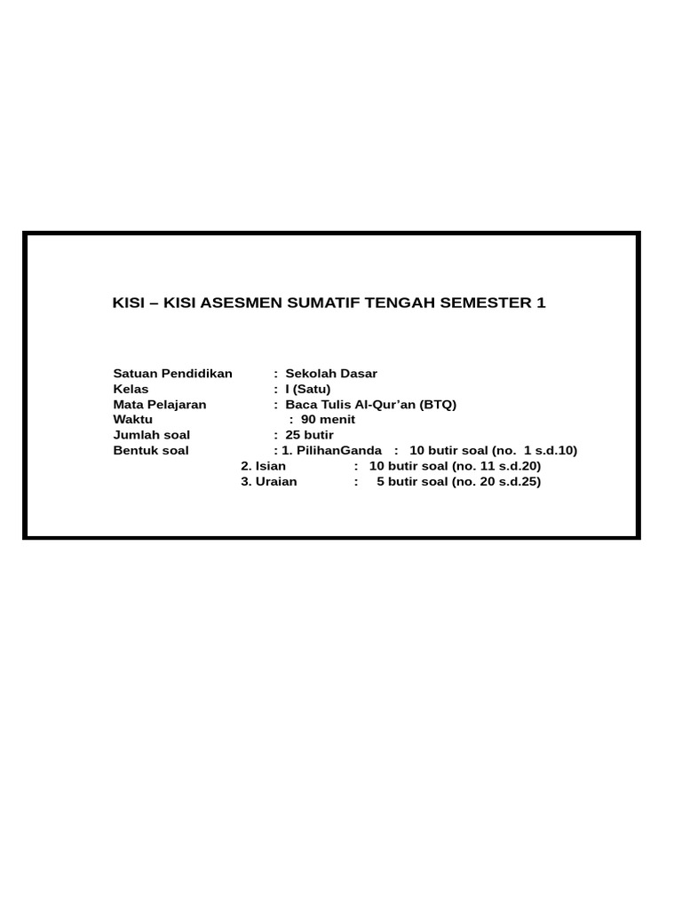 Kisi-Kisi STS-1 BTQ Kelas 1 | PDF