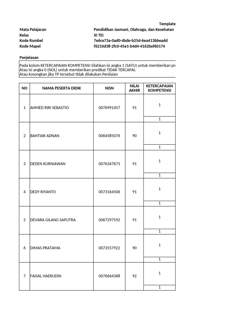 Template Nilai Akhir Mata Pelajaran Pendidikan Jasmani Olahraga Dan Kesehatan Kelas XI TEI | PDF