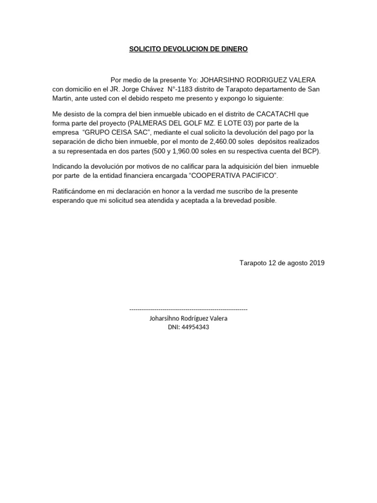Solicito Devolucion de Dinero | PDF