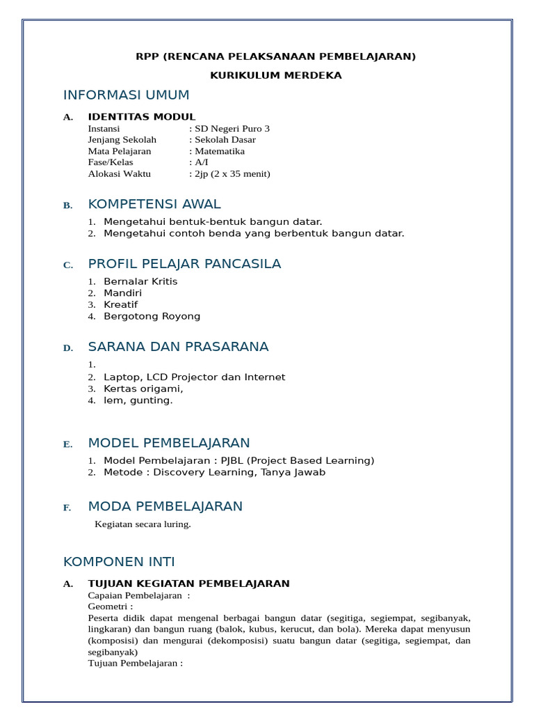 RPP Modul Ajar Kumer Matematika Fase A Rohmiatin | PDF