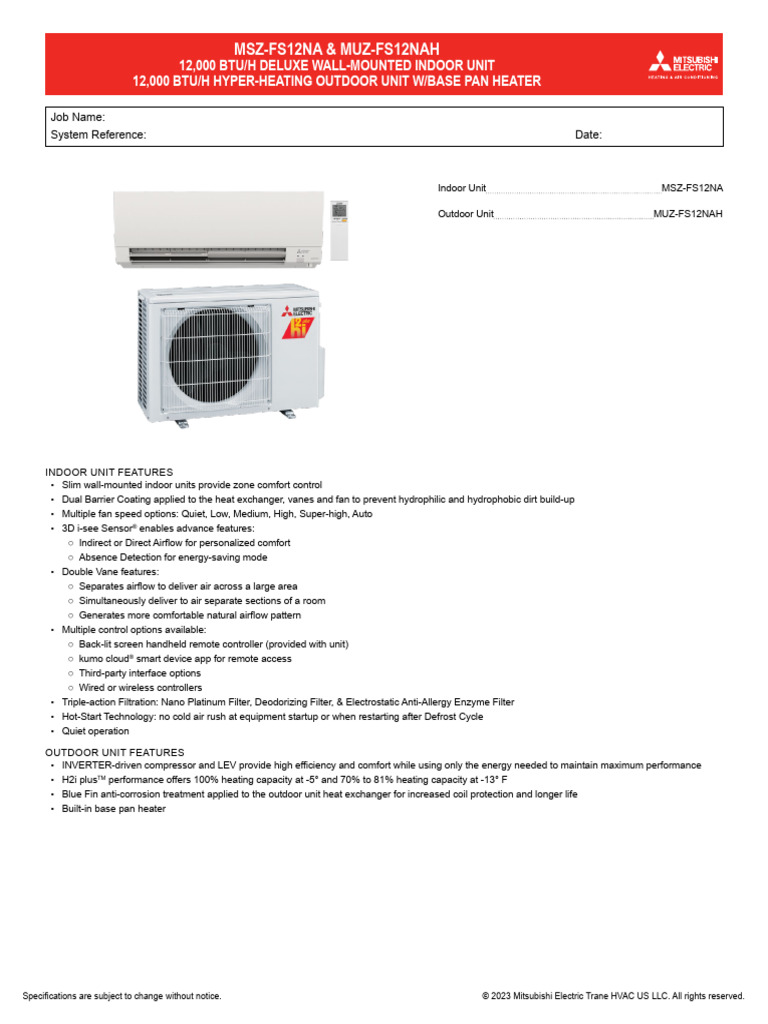 M_SUBMITTAL_MSZ-FS12NA_MUZ-FS12NAH_en | PDF