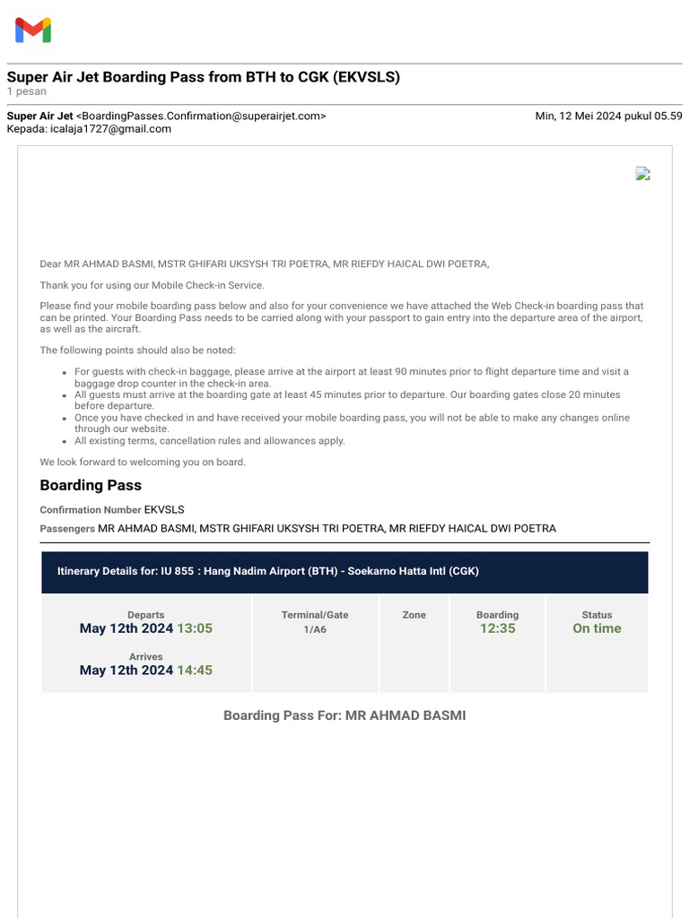 Gmail - Super Air Jet Boarding Pass From BTH To CGK (EKVSLS) | PDF