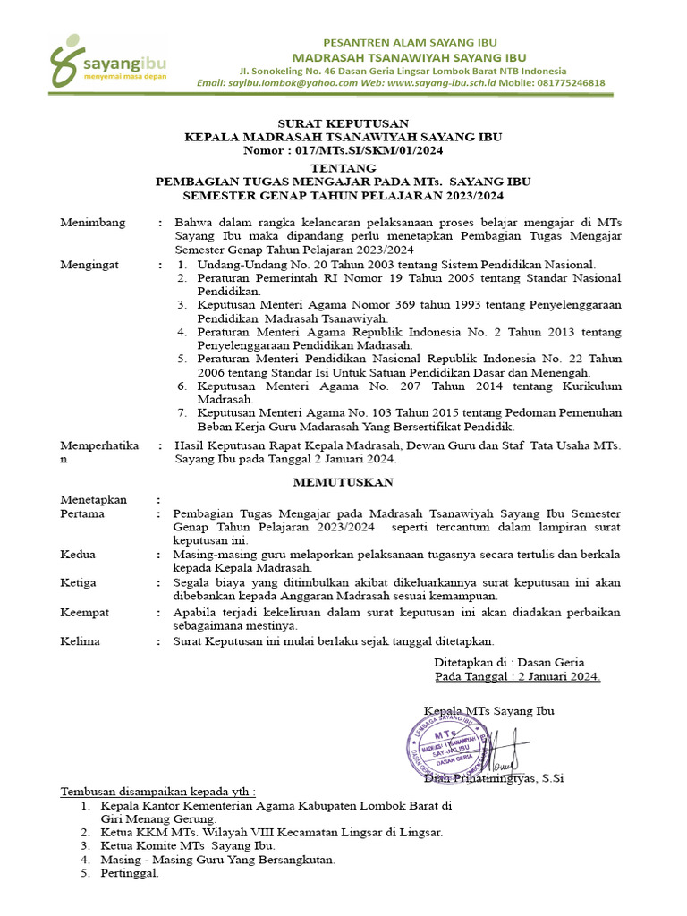 SK MTs Mengajar 2023-2024 Genap | PDF