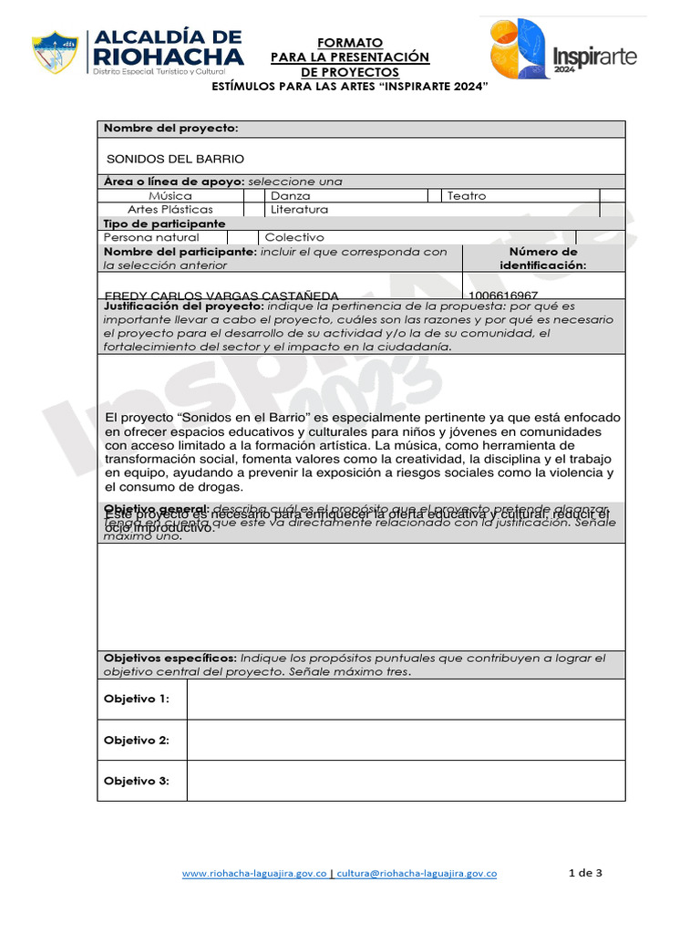 Formato presentacion de proyectos Inspirarte 2024 | PDF