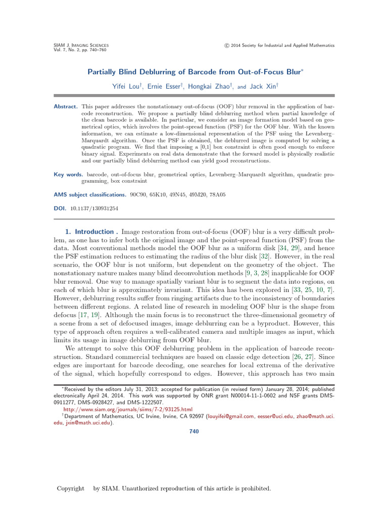 Partially Blind Deblurring of Barcode from Out-of-Focus Blur | PDF