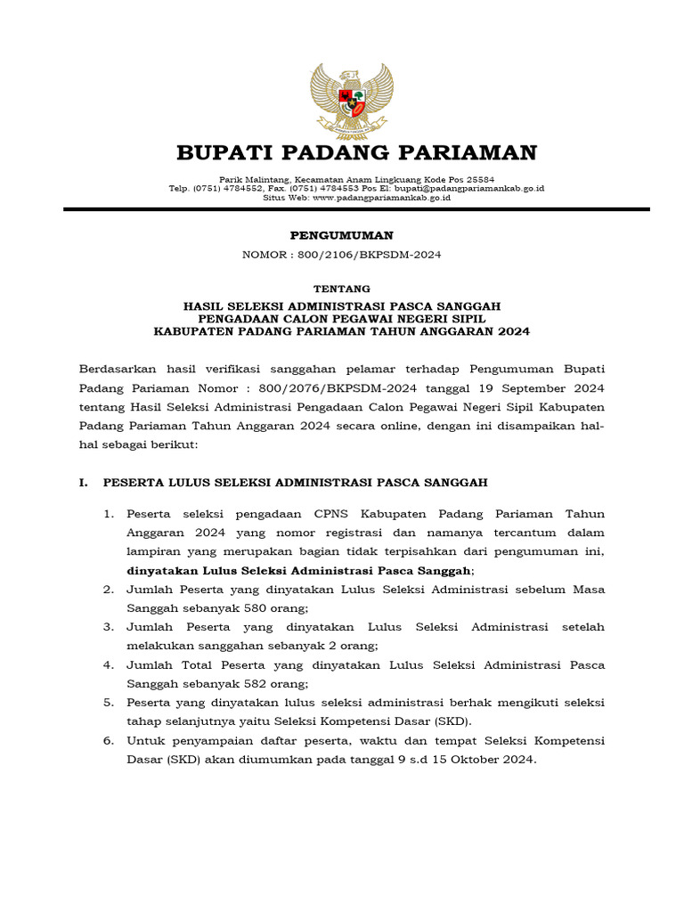 PENGUMUMAN HASIL SELEKSI ADMINISTRASI PASCA SANGGAH - CPNS 2024 - Plt. - FULL OK | PDF