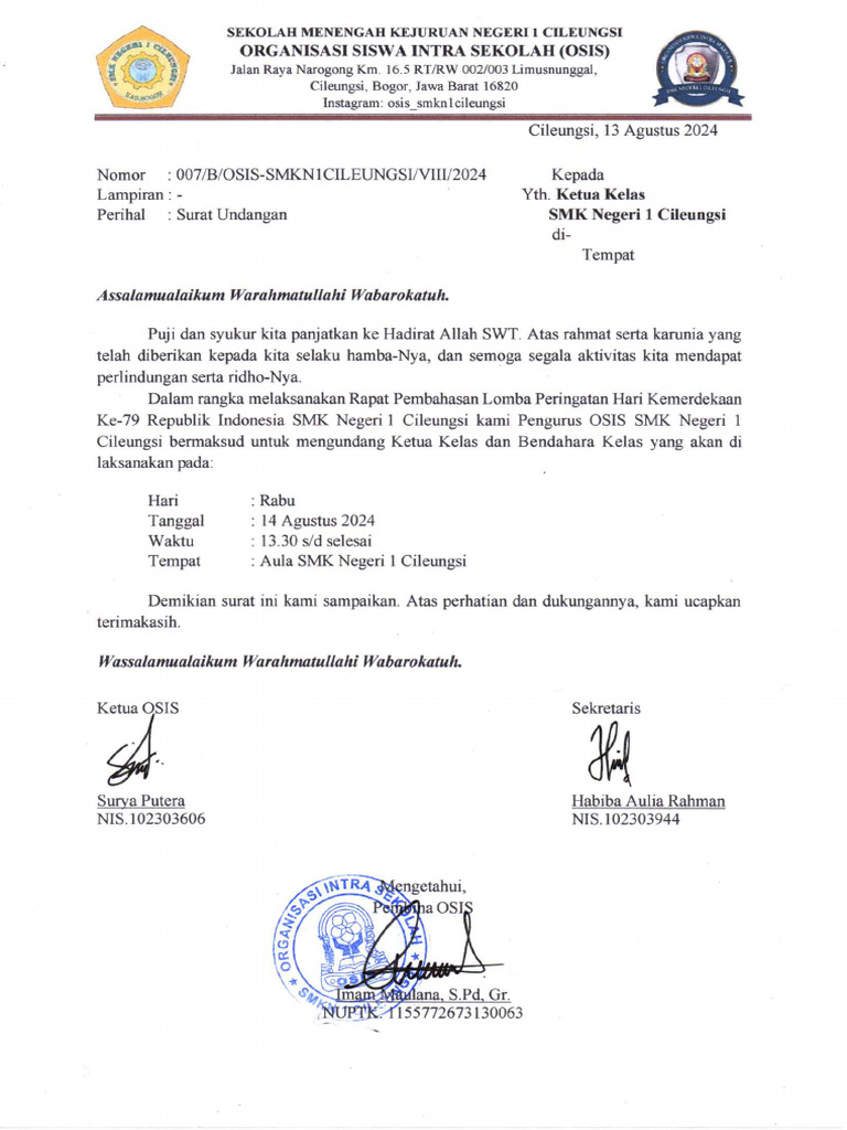 Surat Undangan Rapat Ketua Kelas 17an 2024 | PDF