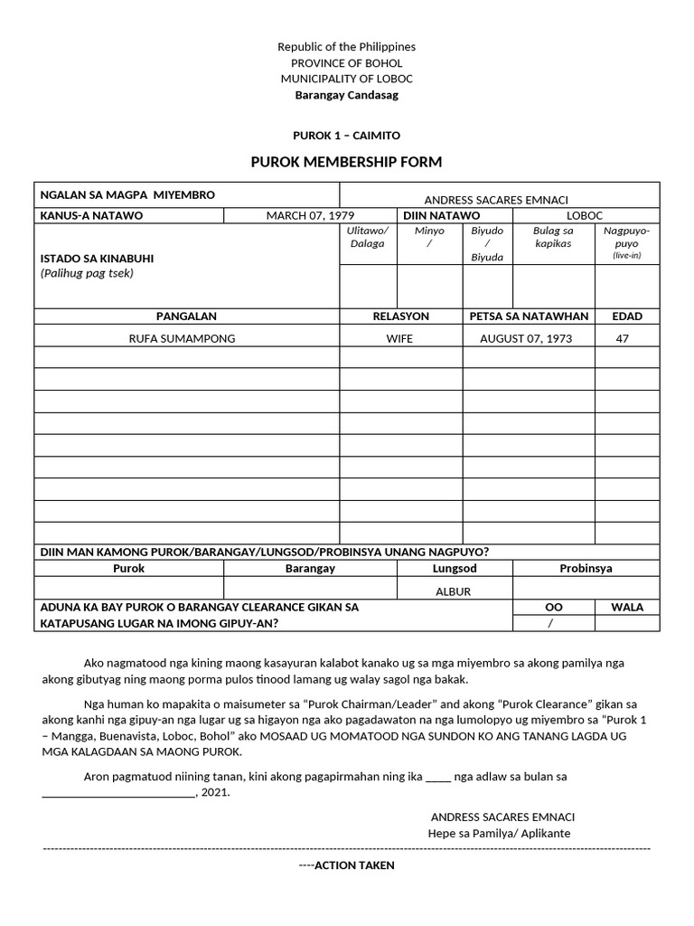 Purok Membership Form | PDF