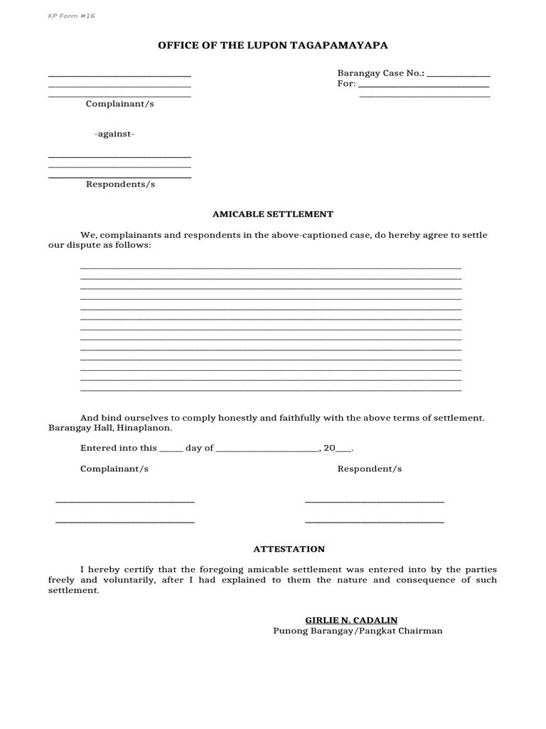 KP Form #16 - Amicable Settlement | PDF | Finance & Money Management