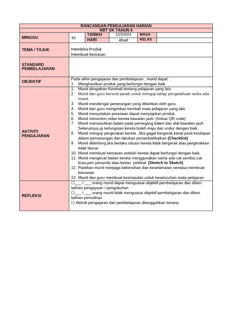 RPH Ringkas Minggu 10 RBT THN 6 2023 by Cikgu Gorgeous | PDF