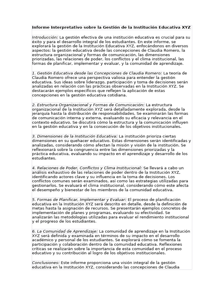 Informe Interpretativo Sobre La Gestión de La Institución Educativa XYZ ...