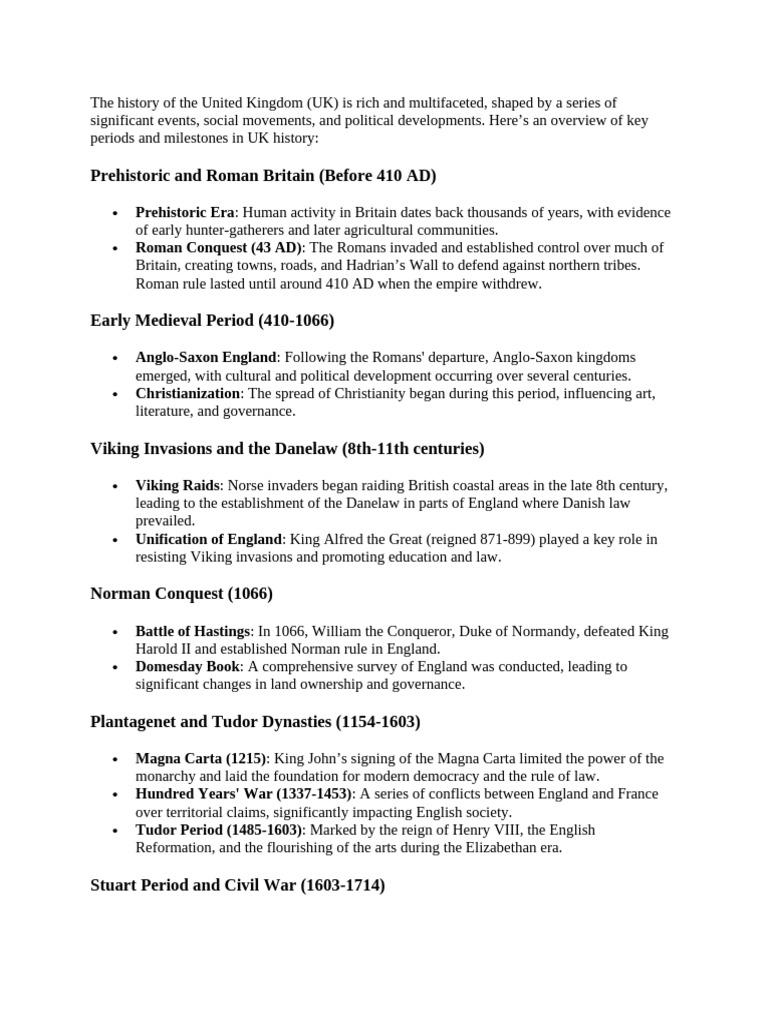 Overview of UK History and Milestones | PDF | England | English Civil War