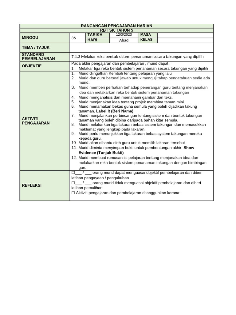 RPH Ringkas Minggu 36 RBT THN 5 2023 by Cikgu Gorgeous | PDF