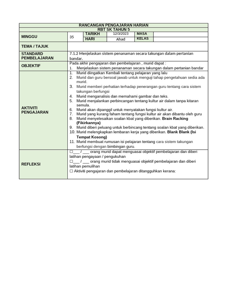 RPH Ringkas Minggu 35 RBT THN 5 2023 by Cikgu Gorgeous | PDF