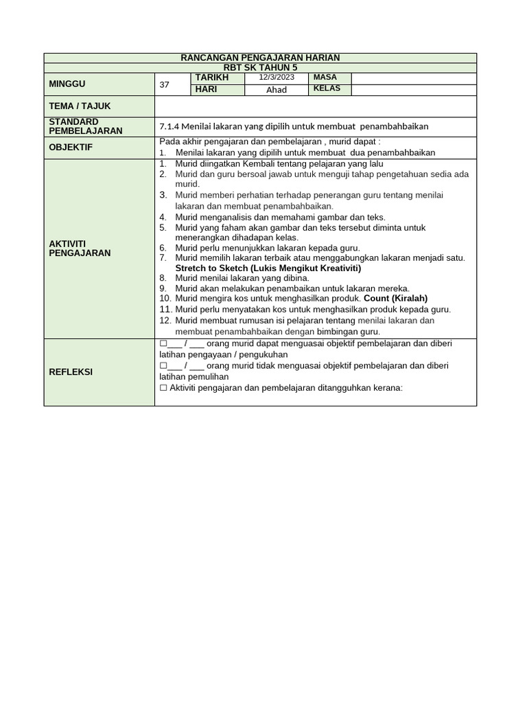 RPH Ringkas Minggu 37 RBT THN 5 2023 by Cikgu Gorgeous | PDF