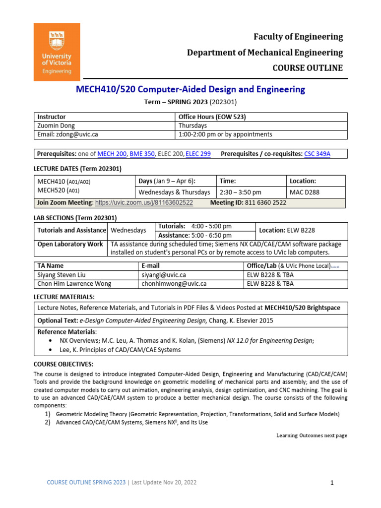 0 MECH410 - 520 Course Outline 2023-1 Updated | PDF