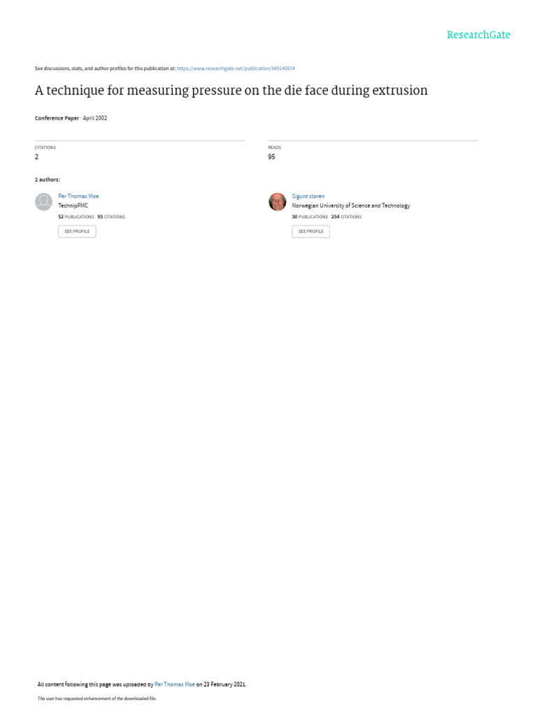 A Technique For Measuring Pressure On The Die Face During Extrusion | PDF
