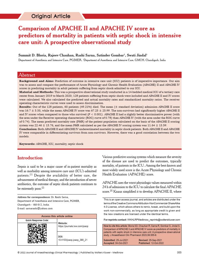 Comparison of APACHE II and APACHE IV Score As Pre | PDF