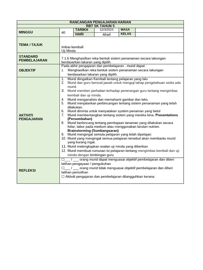 RPH Ringkas Minggu 40 RBT THN 5 2023 by Cikgu Gorgeous | PDF