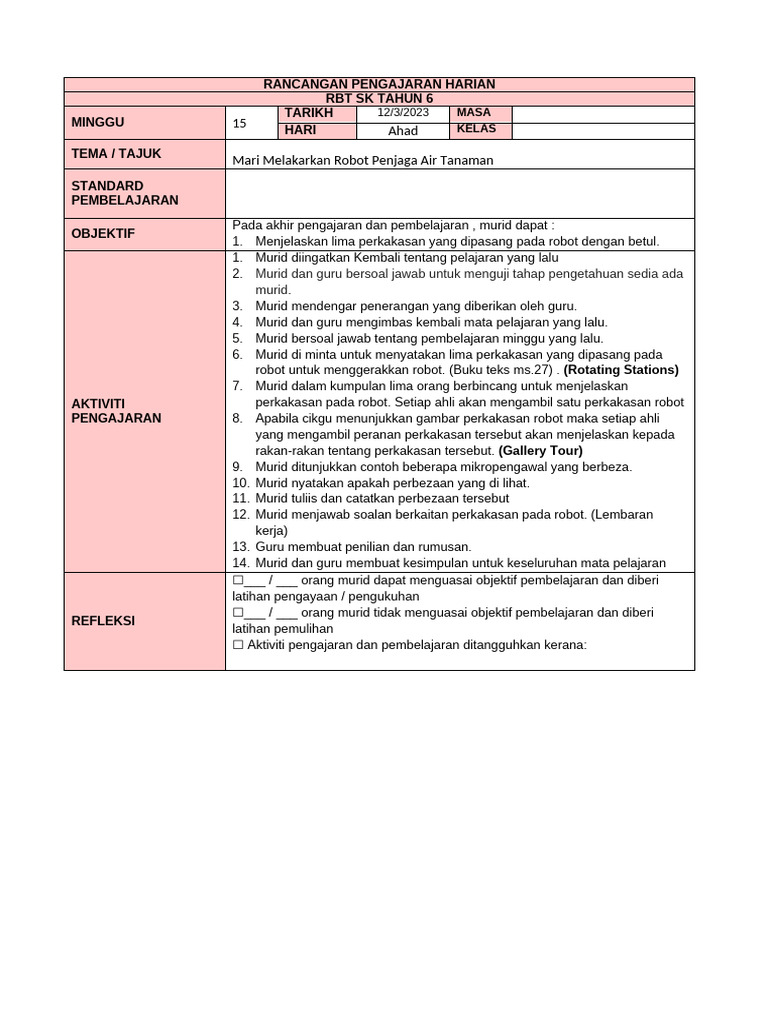 RPH Ringkas Minggu 15 RBT THN 6 2023 by Cikgu Gorgeous | PDF