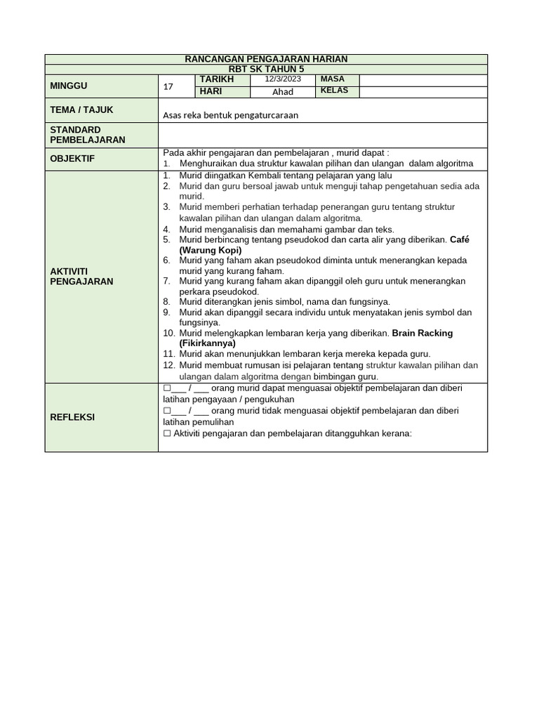 RPH Ringkas Minggu 17 RBT THN 5 2023 by Cikgu Gorgeous | PDF