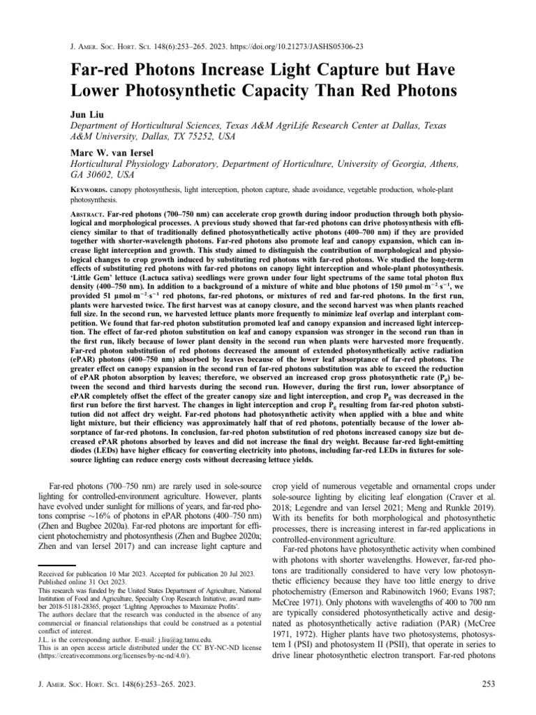 Far Red Photons Increase Light Capture But Have Lower Photosynthetic Capacity Than Red Photons | PDF