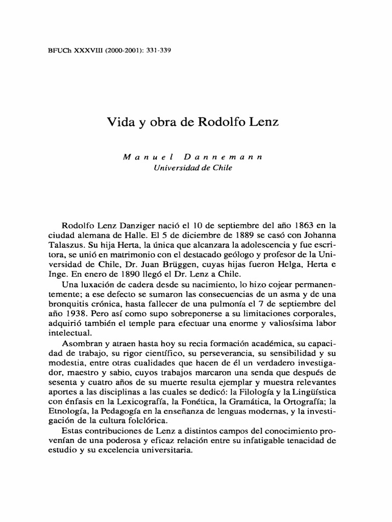 Vida y Obra de Rodolfo Lenz. Danemman | PDF