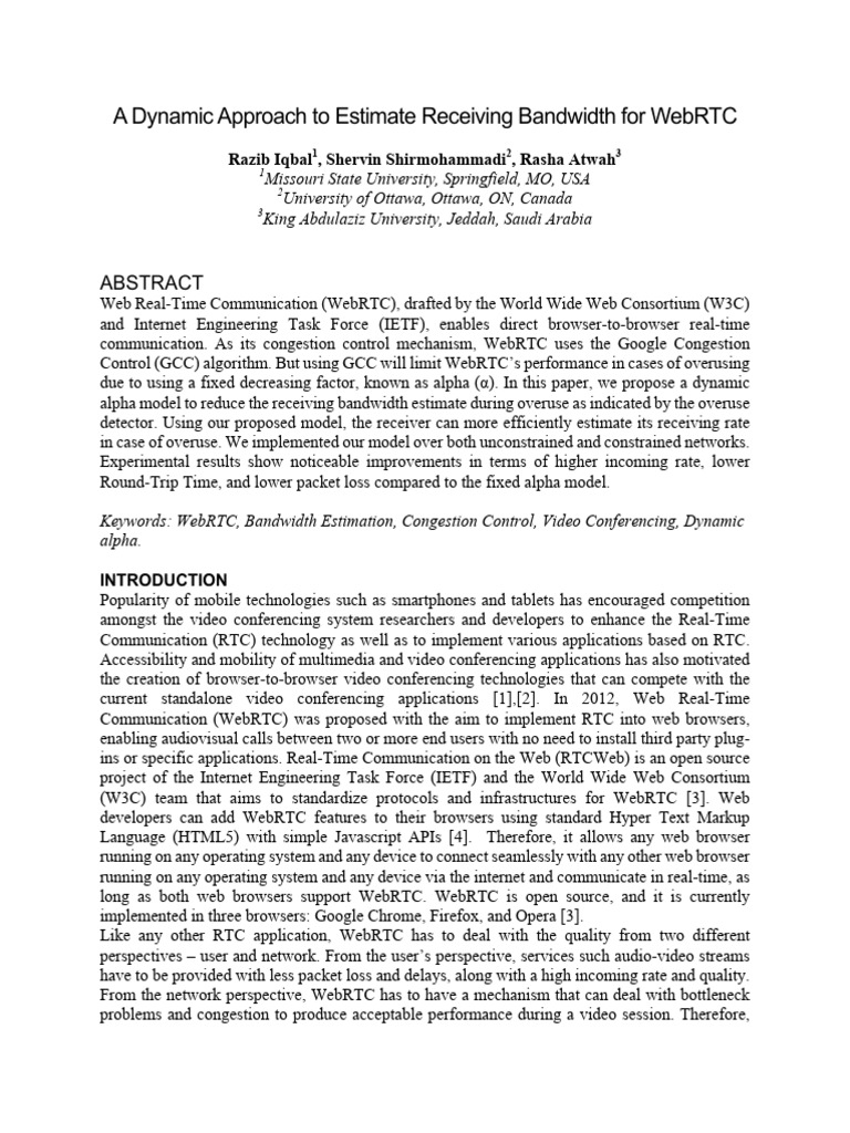 A Dynamic Approach To Estimate Receiving Bandwidth For WebRTC | PDF | Transmission Control ...