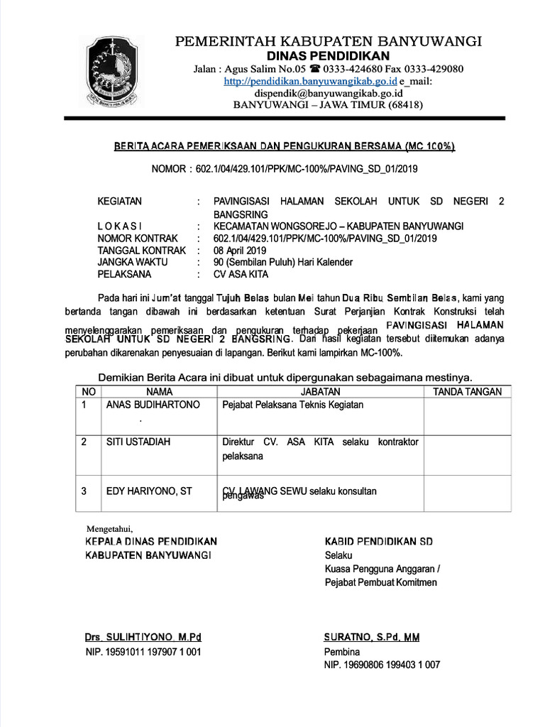 PDF Berita Acara MC 100 SDN 2 Bangsring - Compress | PDF