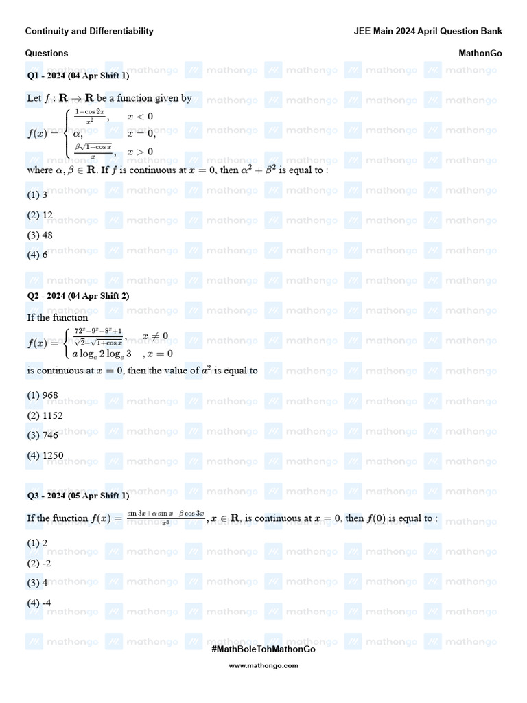 Continuity and Differentiability - JEE Main 2024 April Question Bank - MathonGo | PDF ...