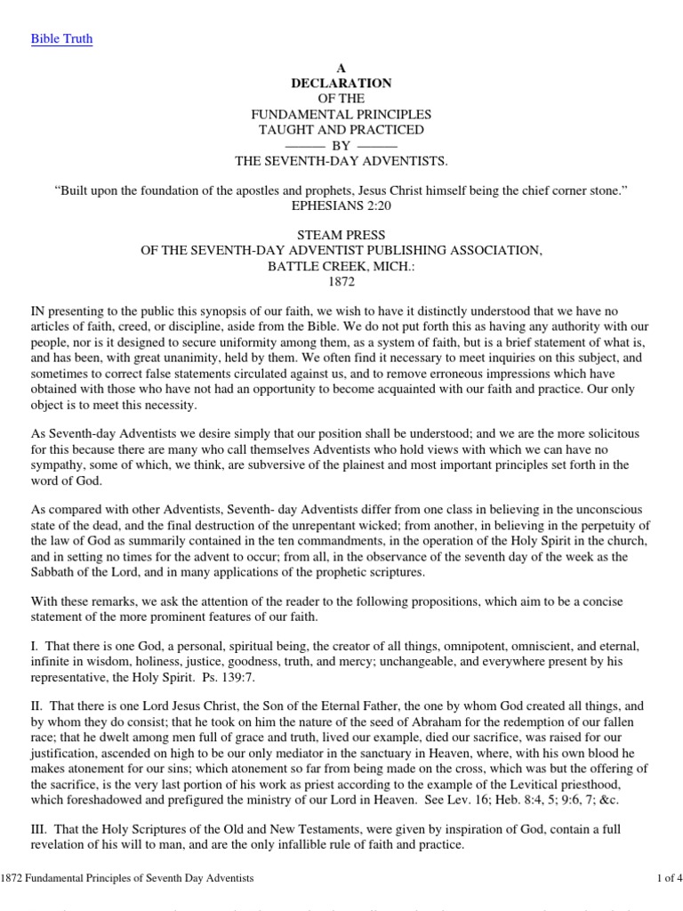 28 Fundamental Principles of Seventh-day Adventists [Pure From 1872 ...