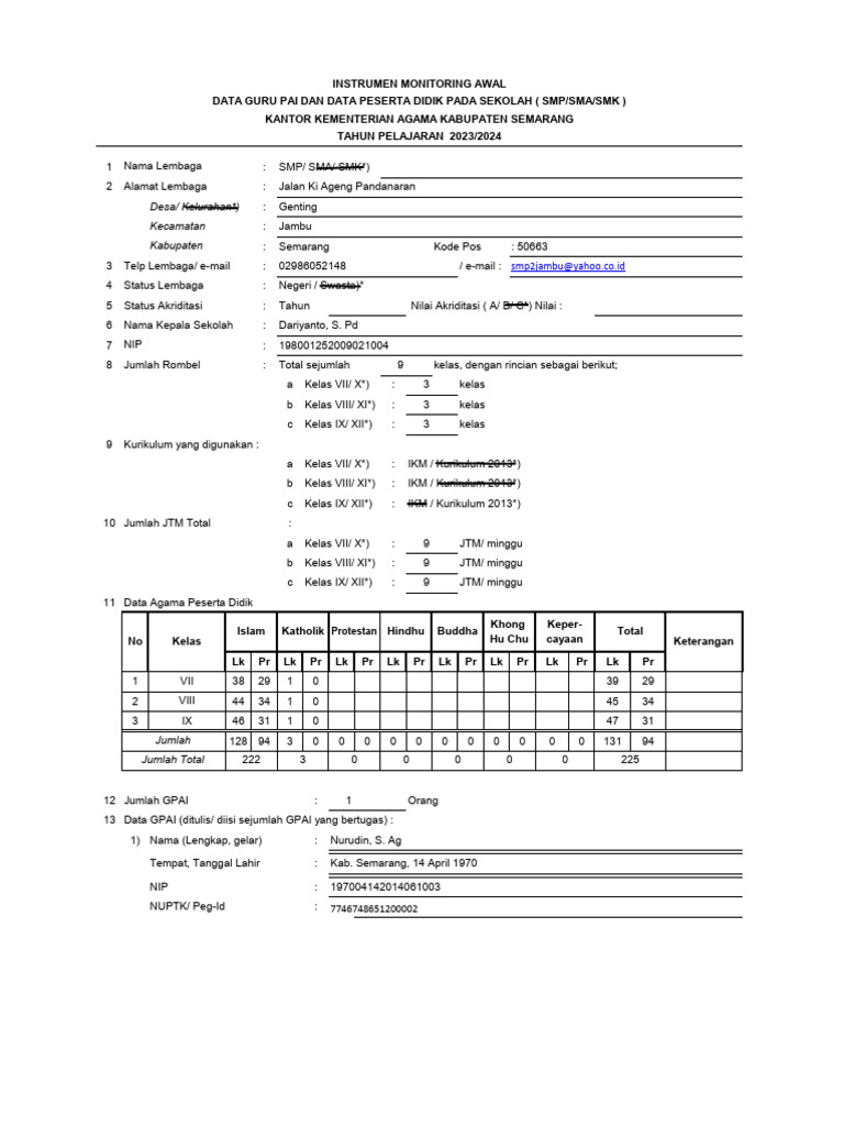 1 - Instrumen Monev Awal Data Siswa-GPAI 2024-Ok | PDF