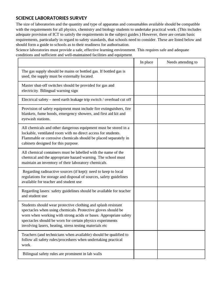 Science Laboratory Survey | PDF