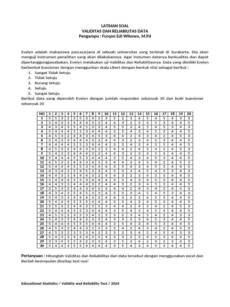Latihan Soal Validitas Dan Reliabilitas Data | PDF