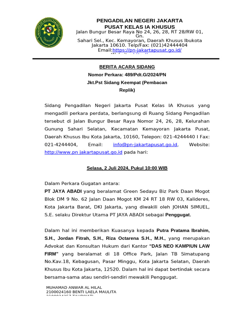 Berita Acara Sidang Keempat (Pembacaan Replik) | PDF